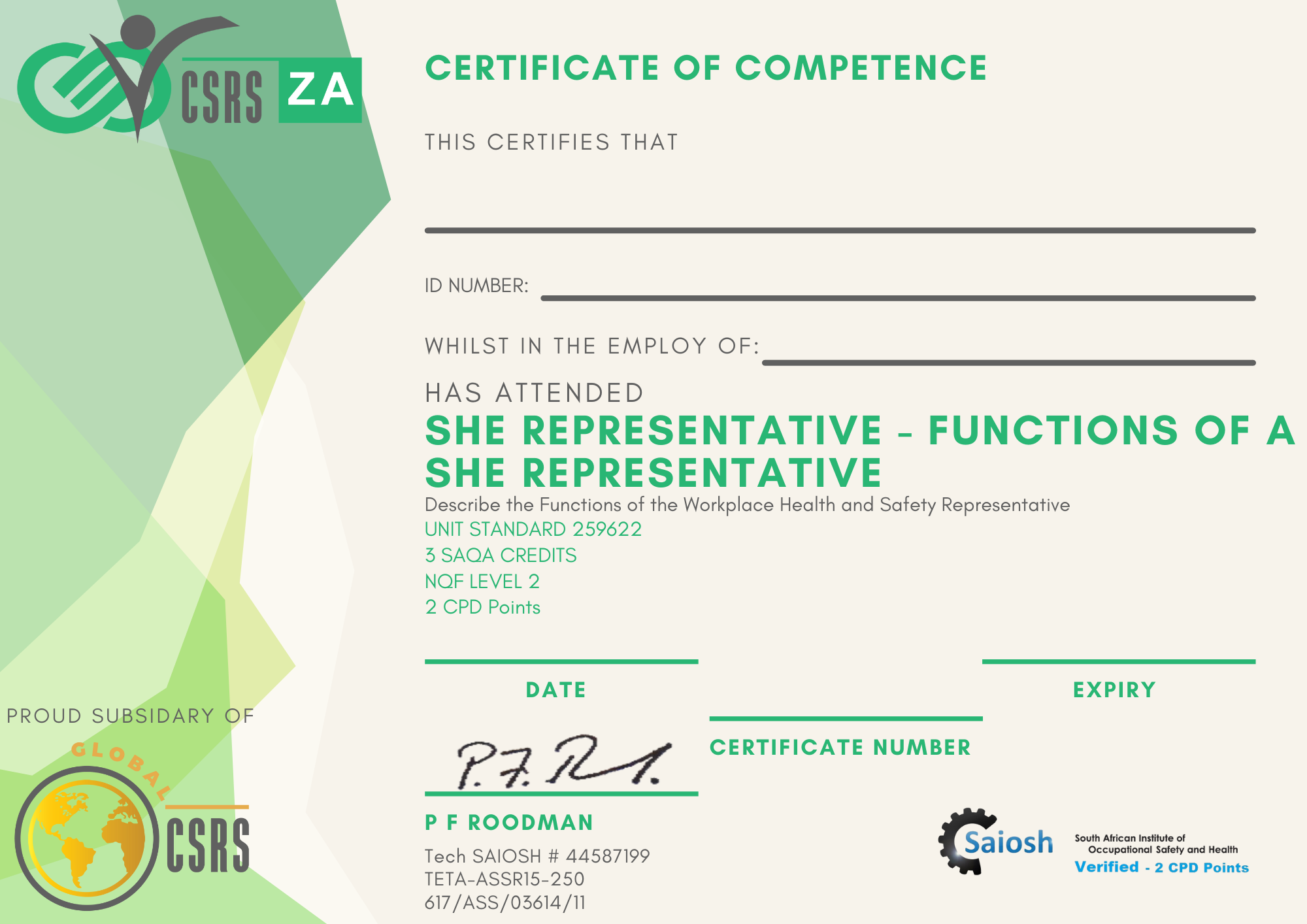 SHE Representative - US 259622 - Functions of a SHE Representative ...